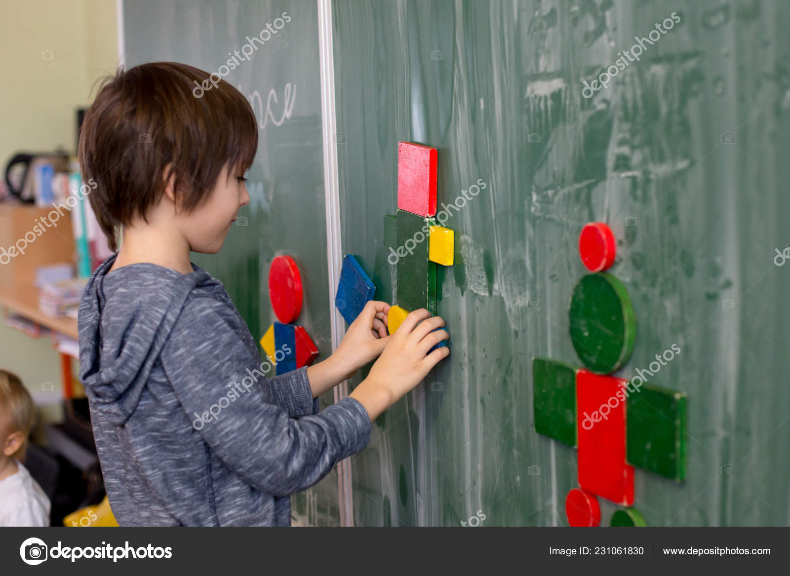 First Grade Child Learning Math Shapes Colors School Standing Front ...