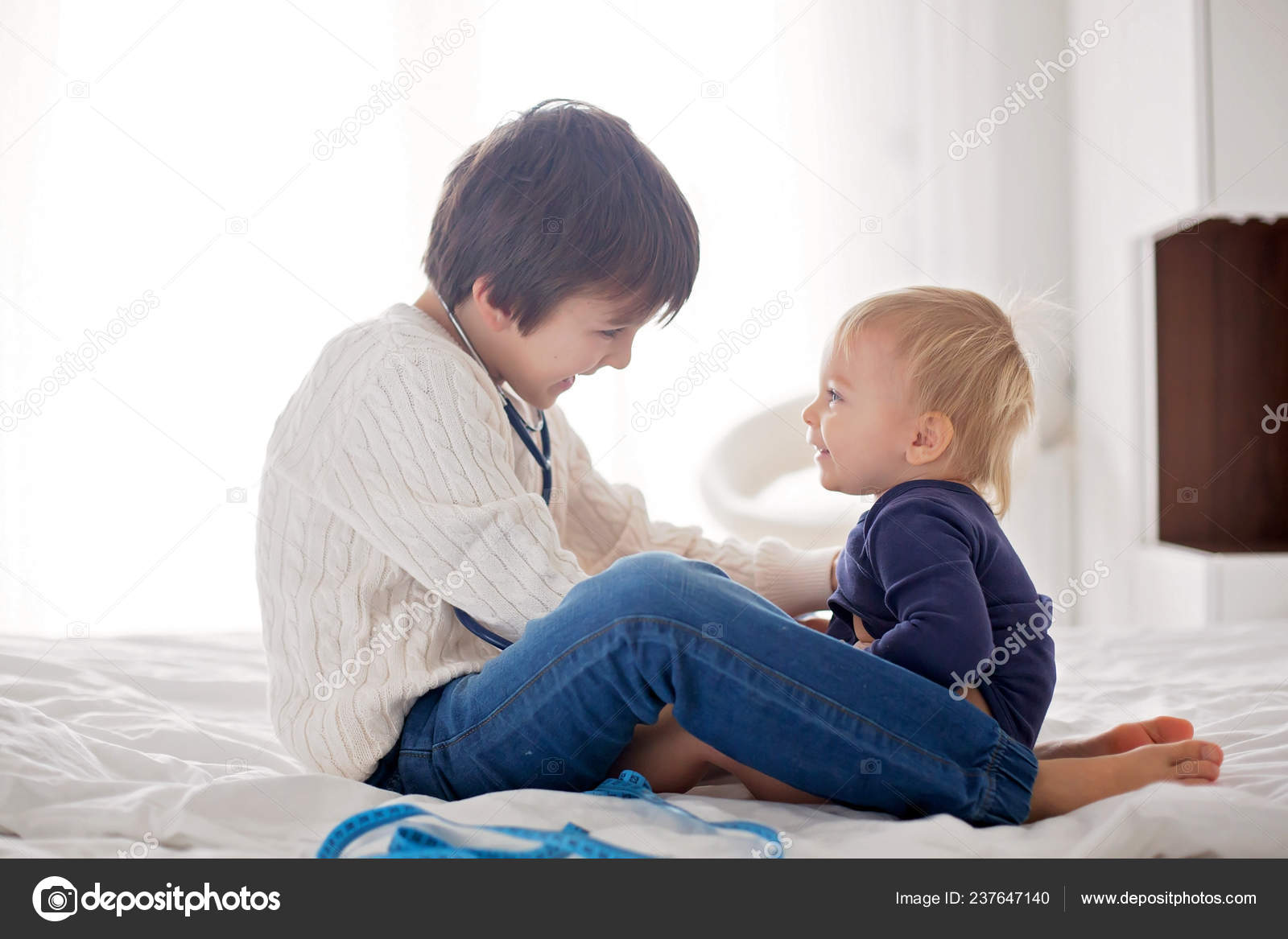 Little Toddler Boy Playing His Little Brother Doctor Home Sunny — Stock ...