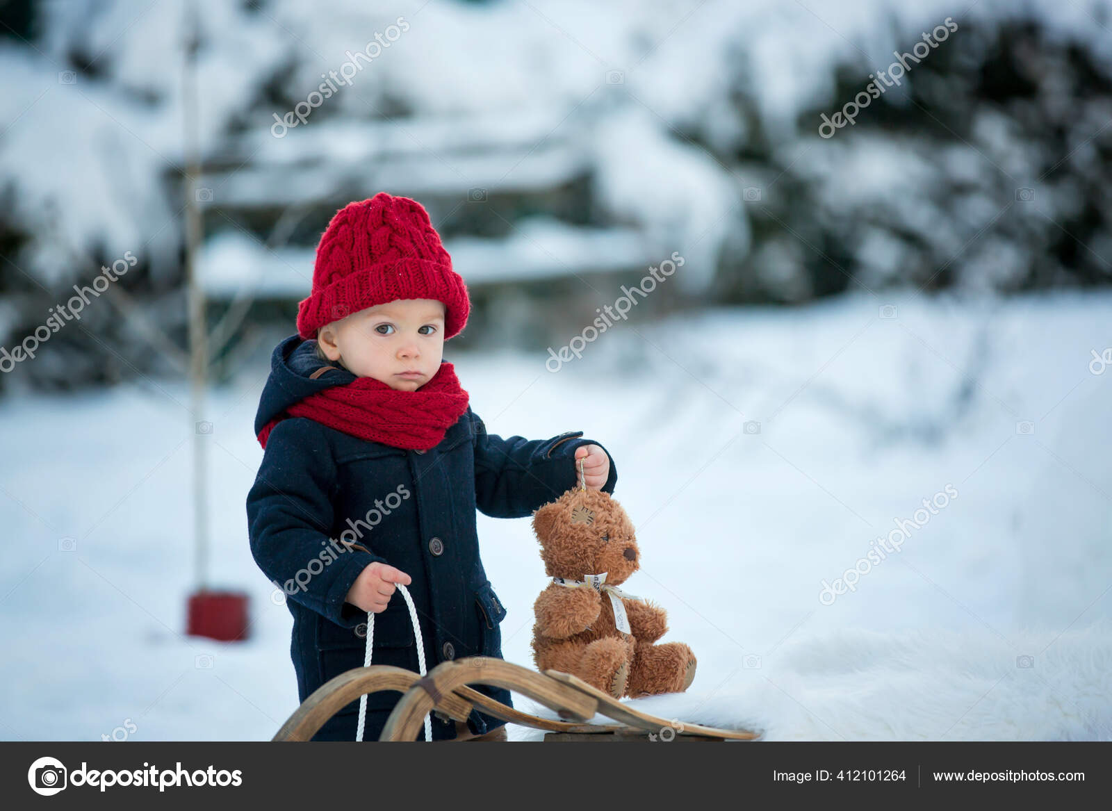 Baby Playing Teddy Snow Winter Time Little Toddler Boy Blue Stock Photo ...
