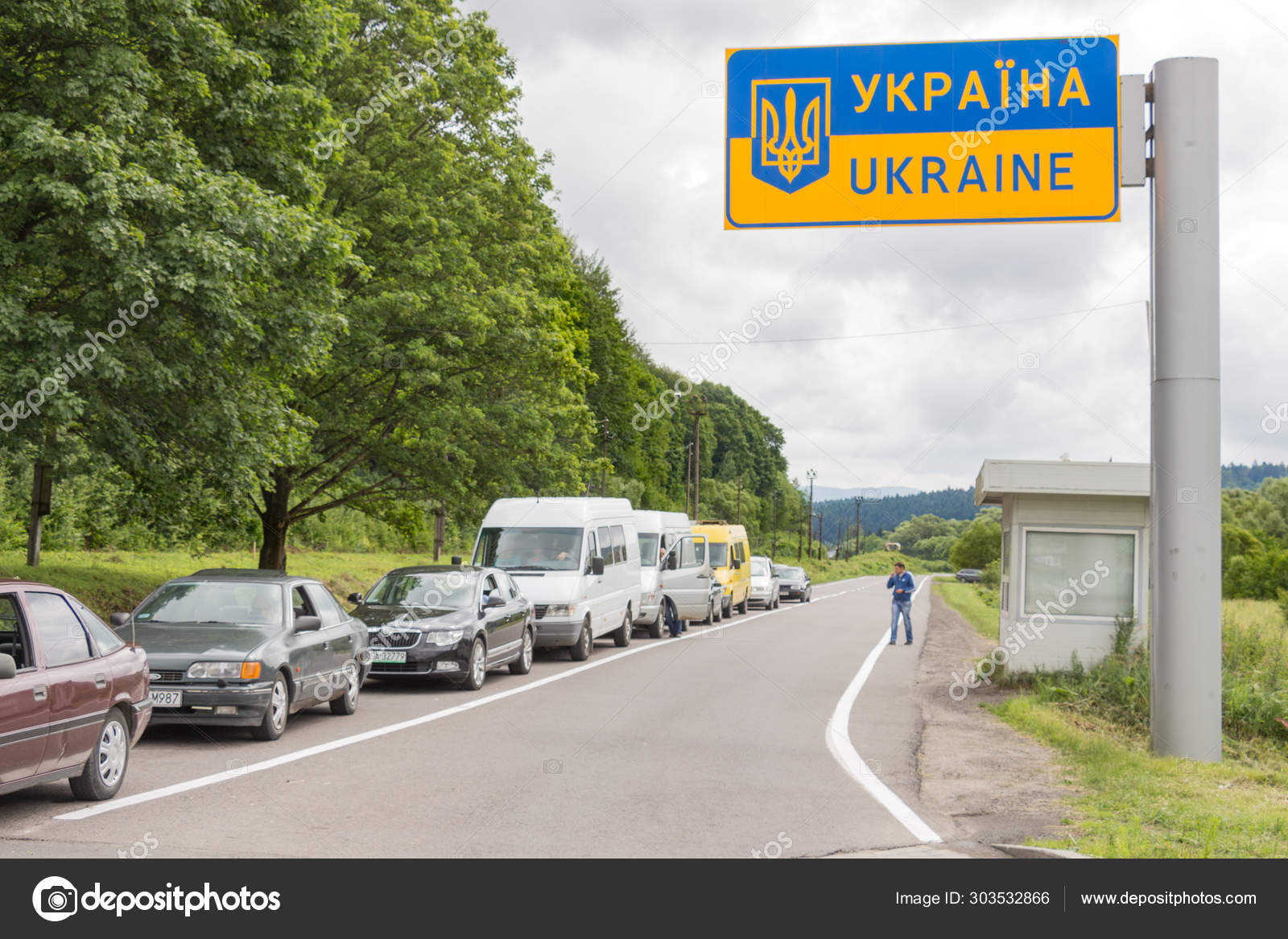 SMILNITSA, UKRAINE - JULY, 2017- Traffic jam at the checkpoint a ...