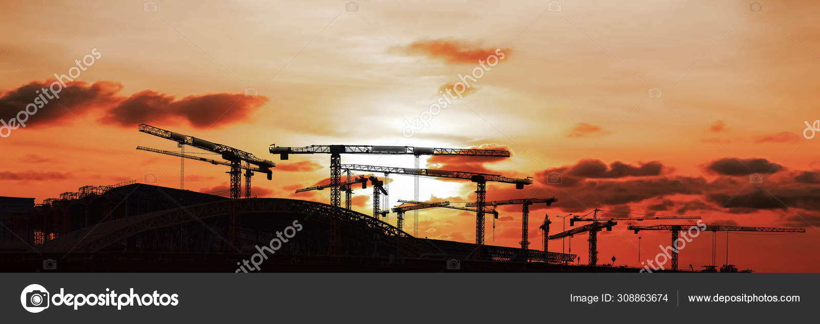 The silhouette panoramic landscape of truss steel structure with ...