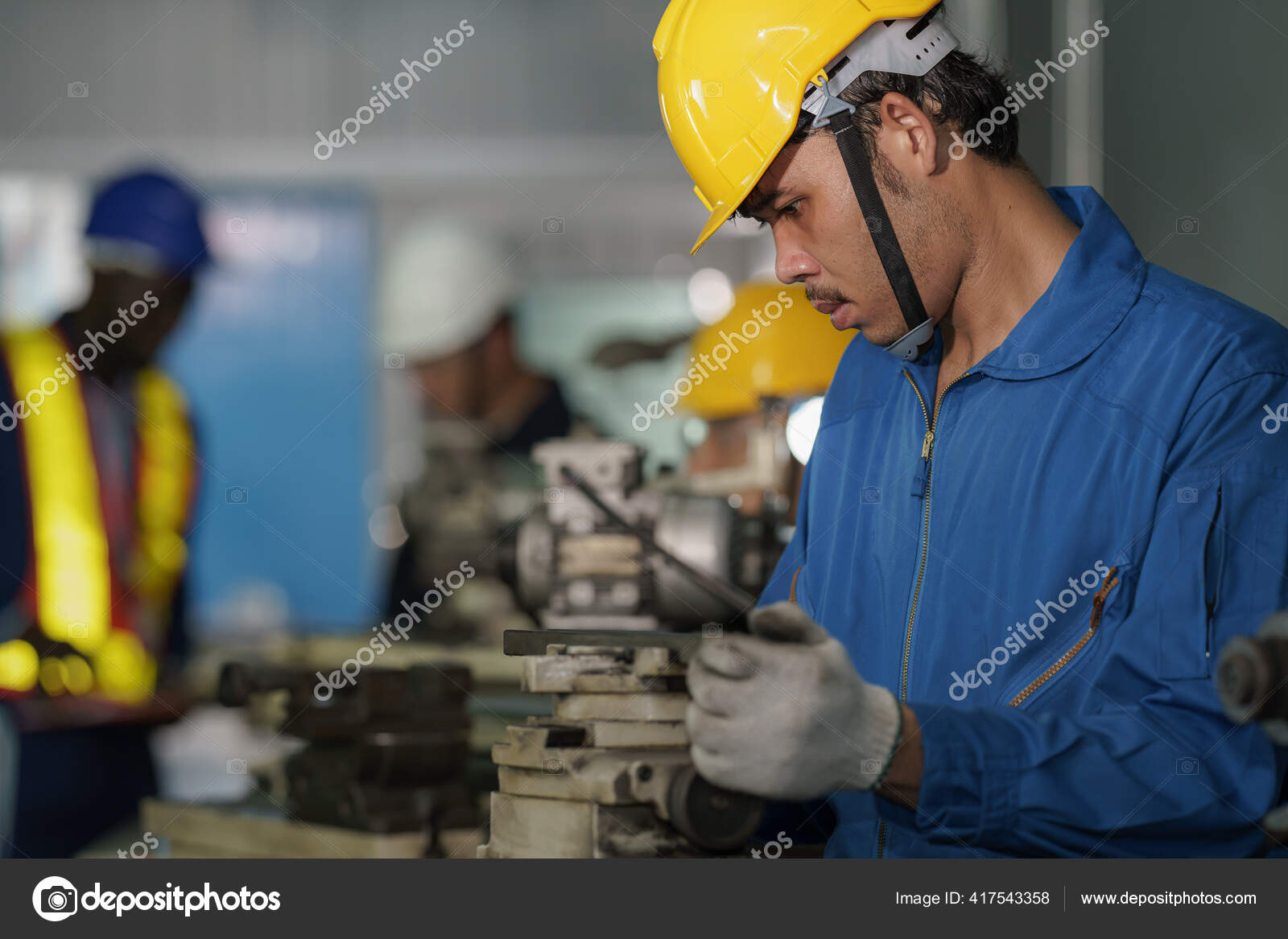 Asian Metal Work Factory Worker Working Lathe Machine Lathe Workshop ...