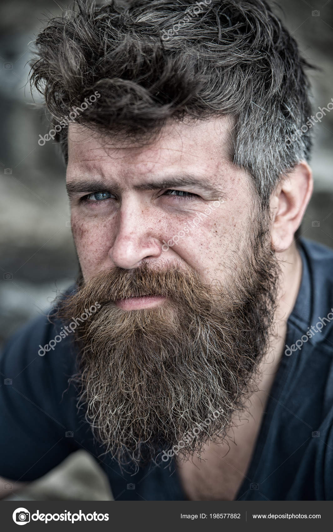 Man with beard and mustache, close up. Bearded man on serious face ...