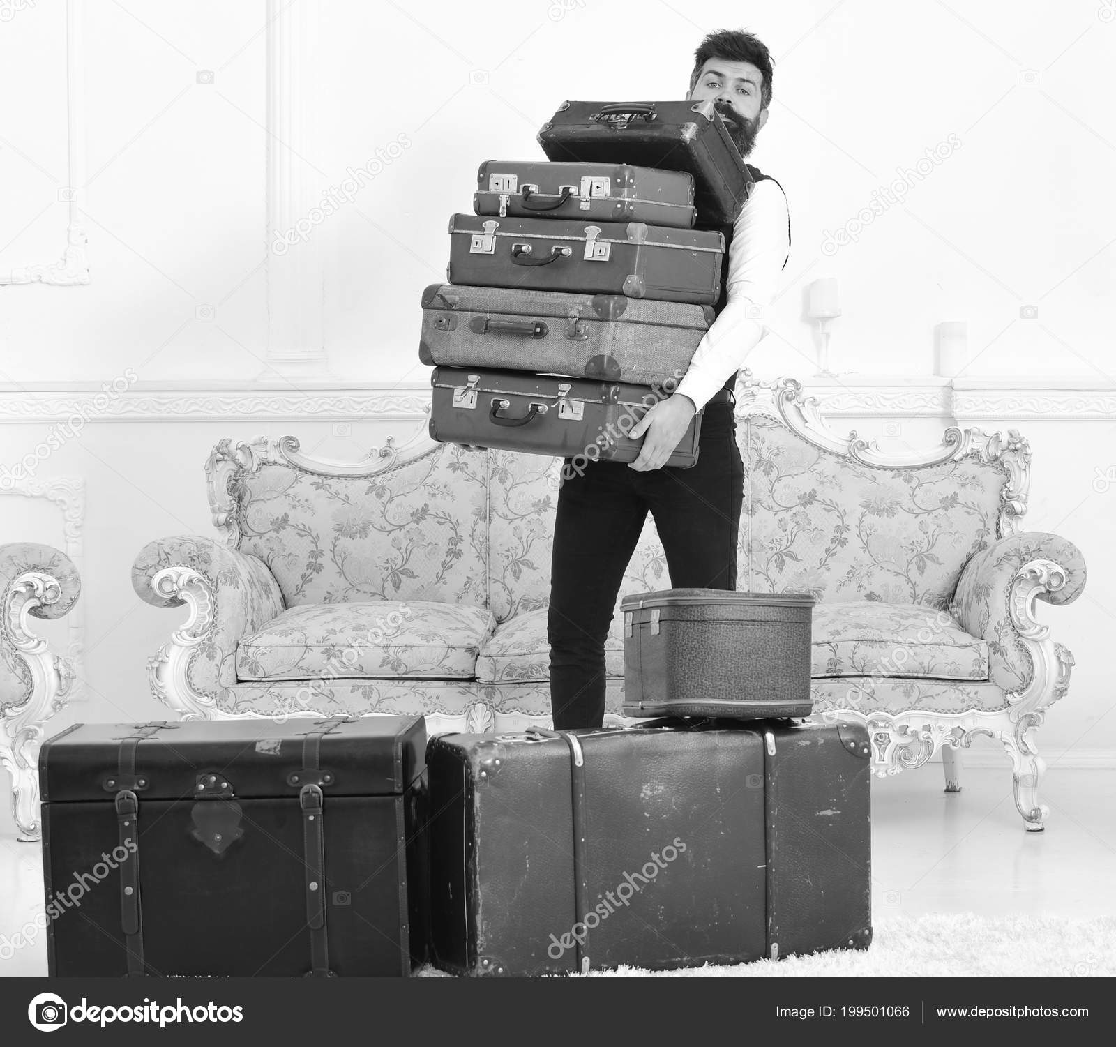 Butler and service concept. Man with beard and mustache wearing classic ...
