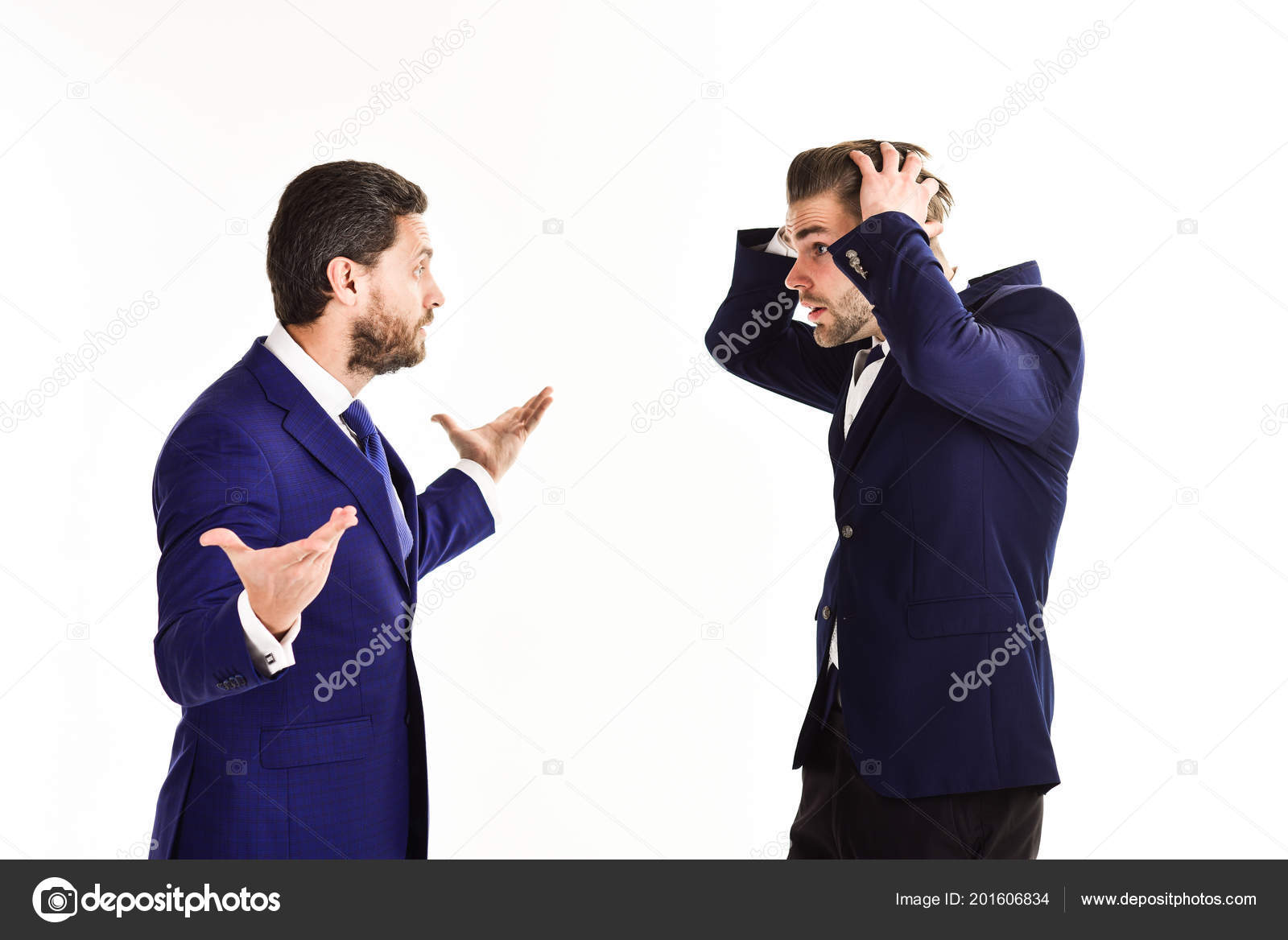 Machos in classic suits have business argument. Unshaven men arg Stock ...