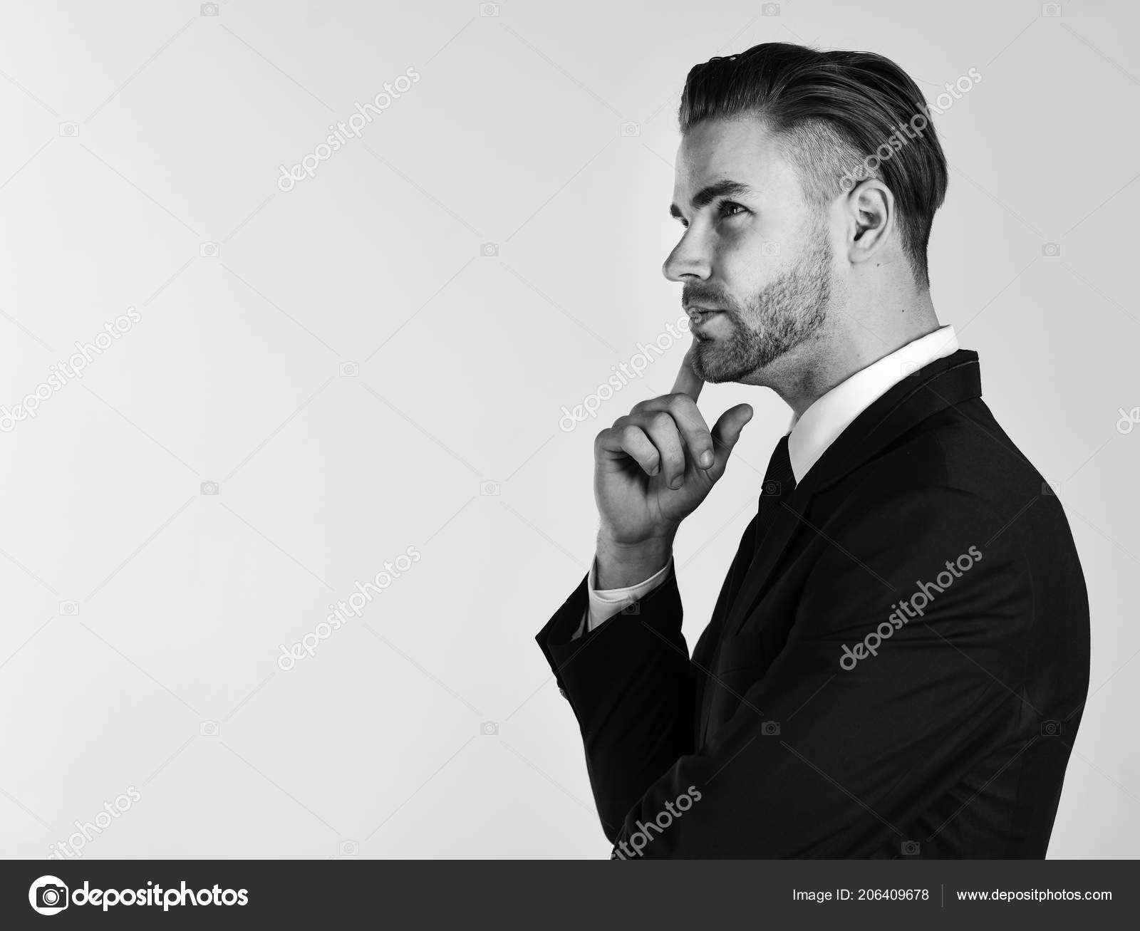 Making decisions concept. Man in suit or businessman with thoughtful ...