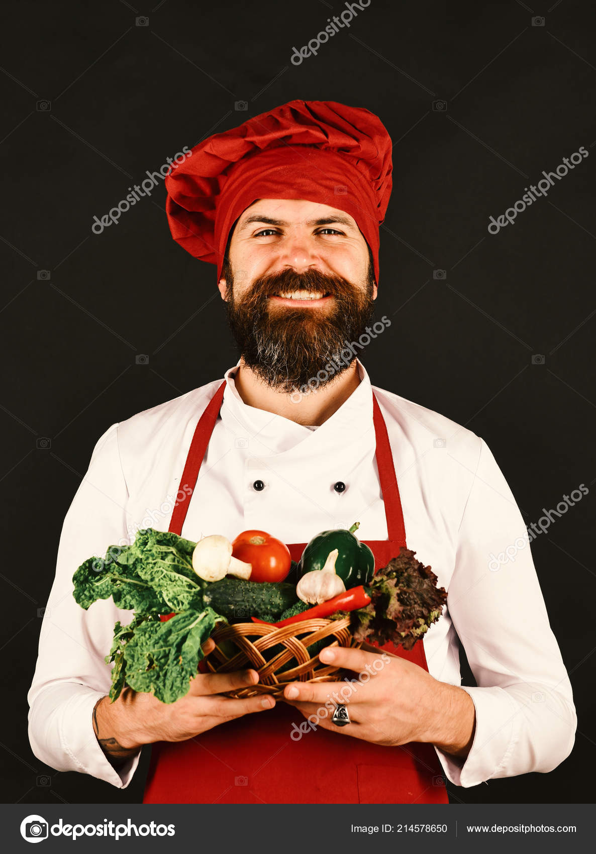 Chef holds lettuce, tomato, pepper and mushrooms. — Stock Photo ...