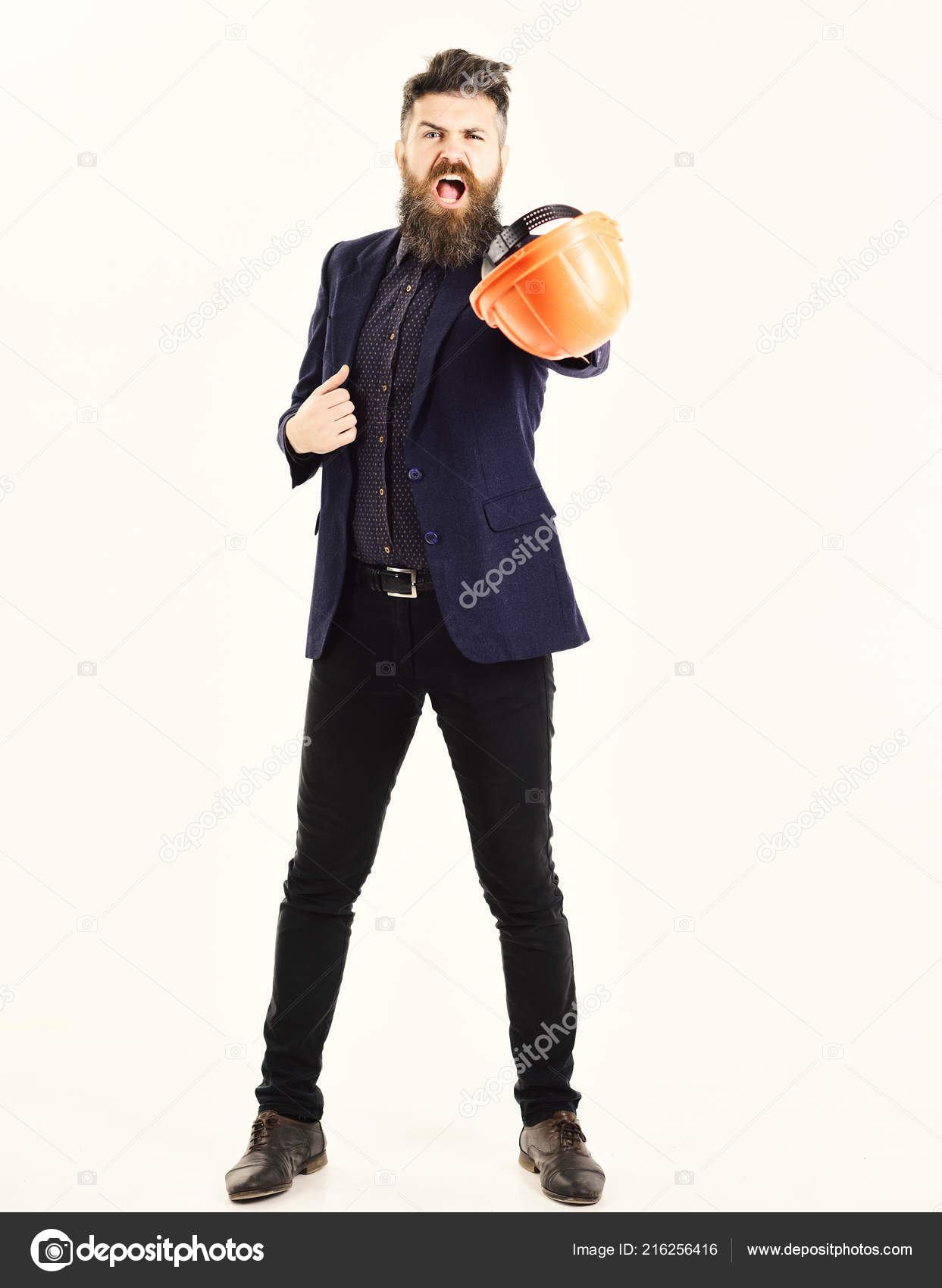 A boss giving orders to employees and shouting isolated on white ...