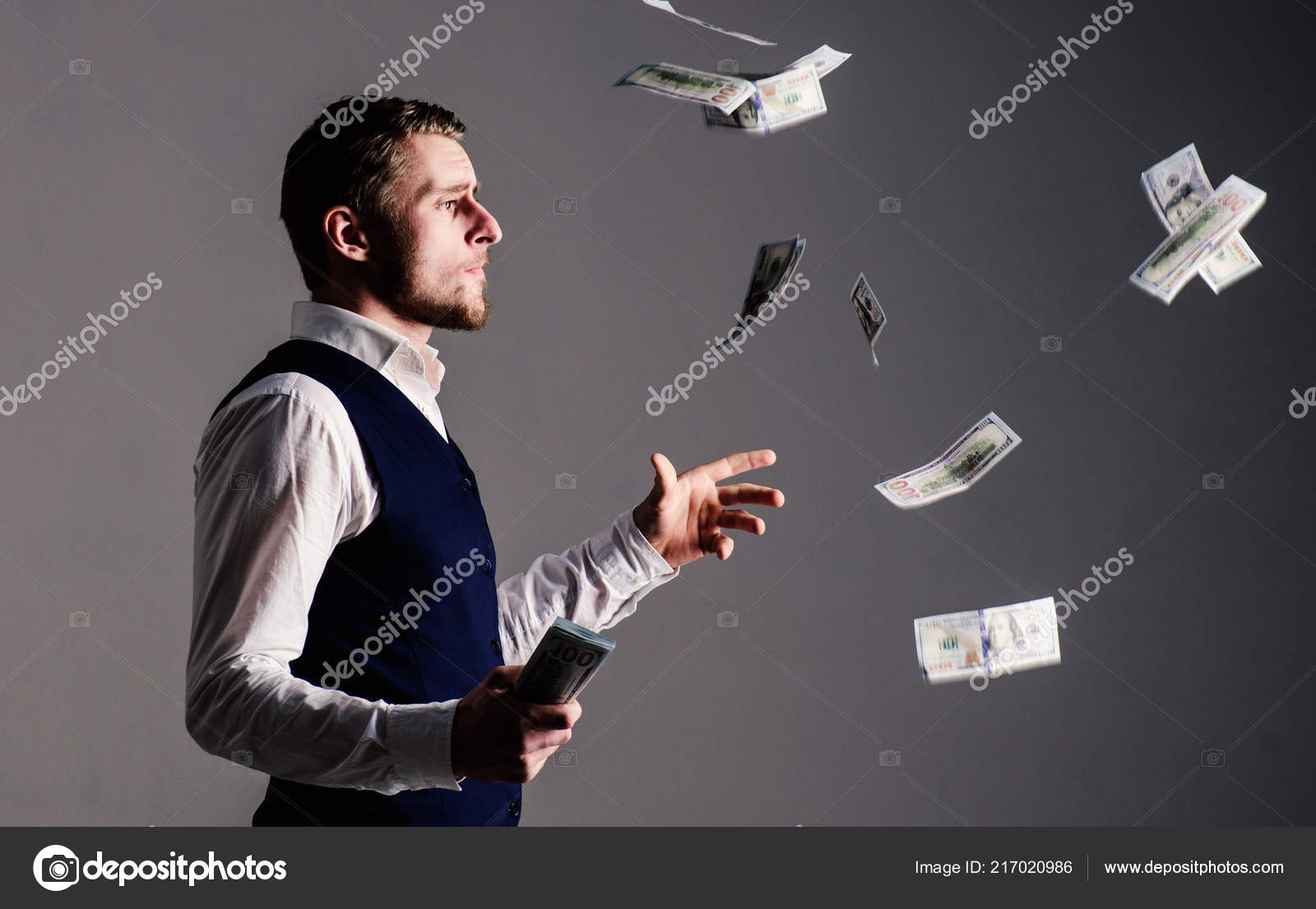 Richness and wealth concept. entrepreneur on arrogant face wasting ...