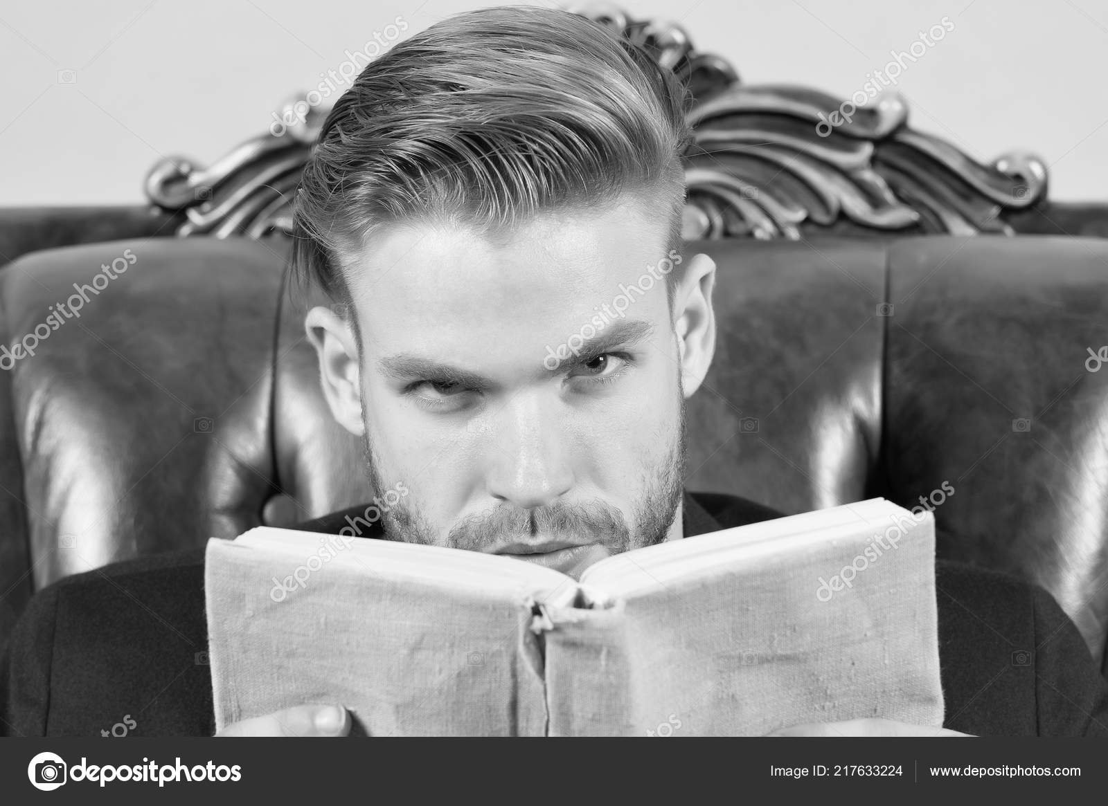 Man strict face reading book studying, self developing. Business ...