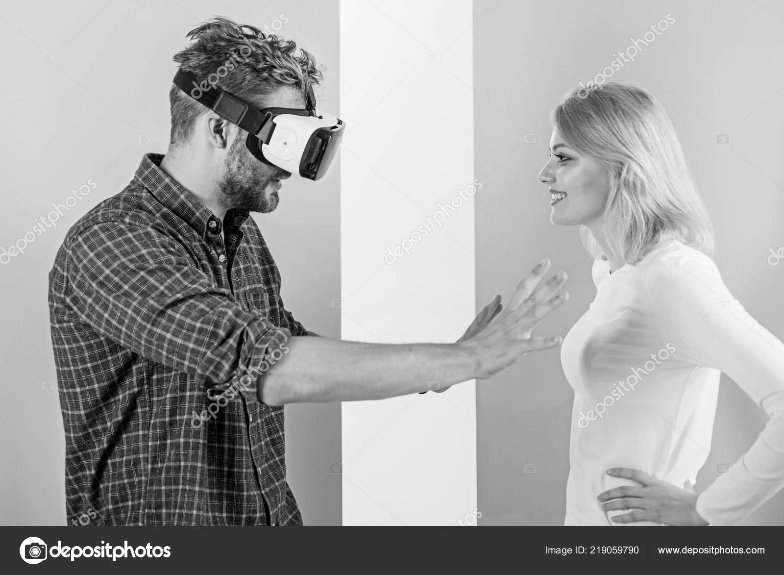 Man Vr Glasses Going Touch Breasts Virtual Girl Cyber Relations Instead Real Virtual Reality