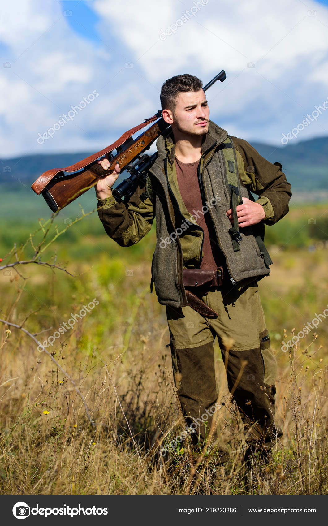 Man Hunter Carry Rifle Nature Background Experience Practice Lends ...