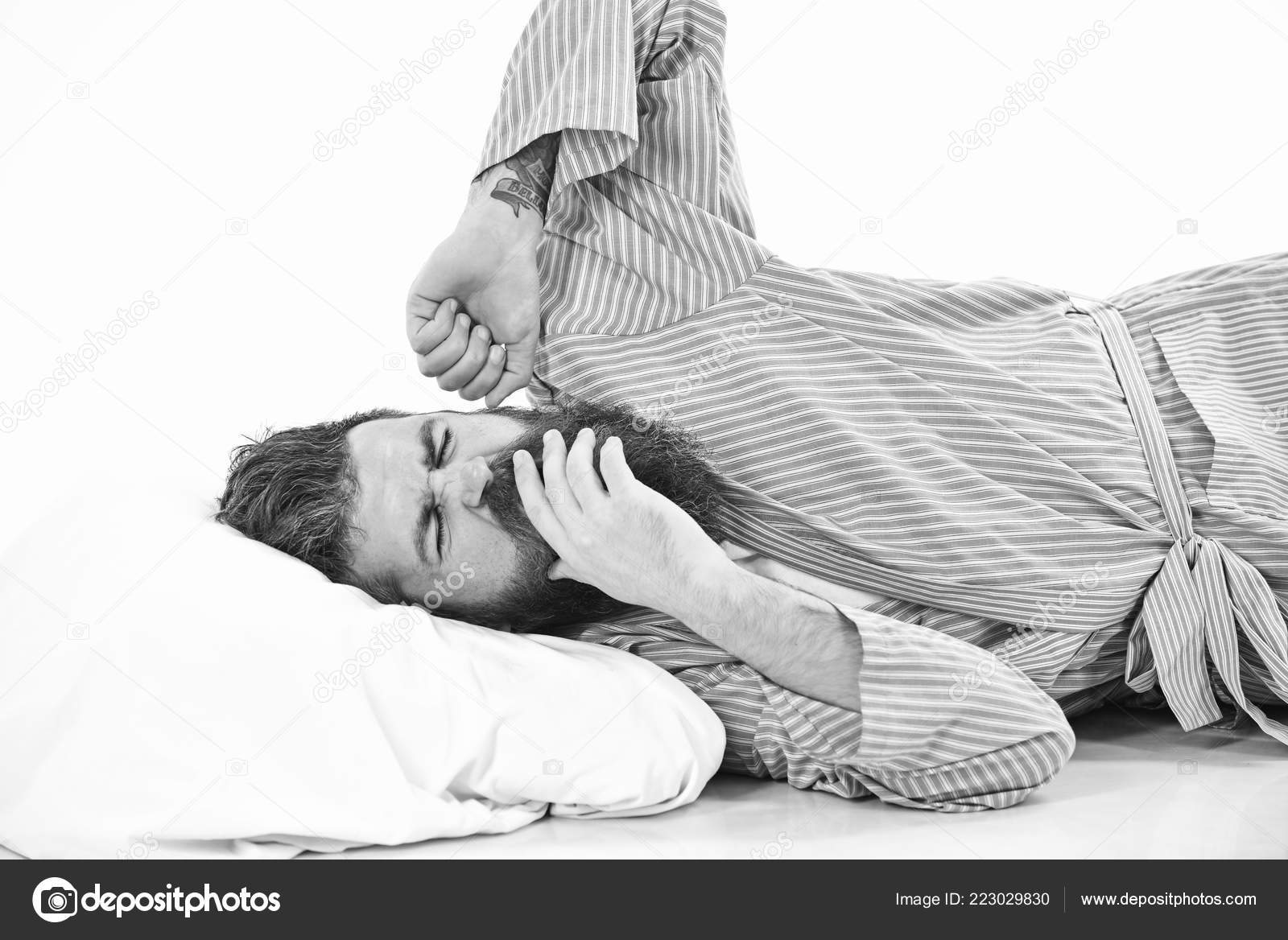 Man with drowsy yawning face stretching, wake up Stock Photo by ...