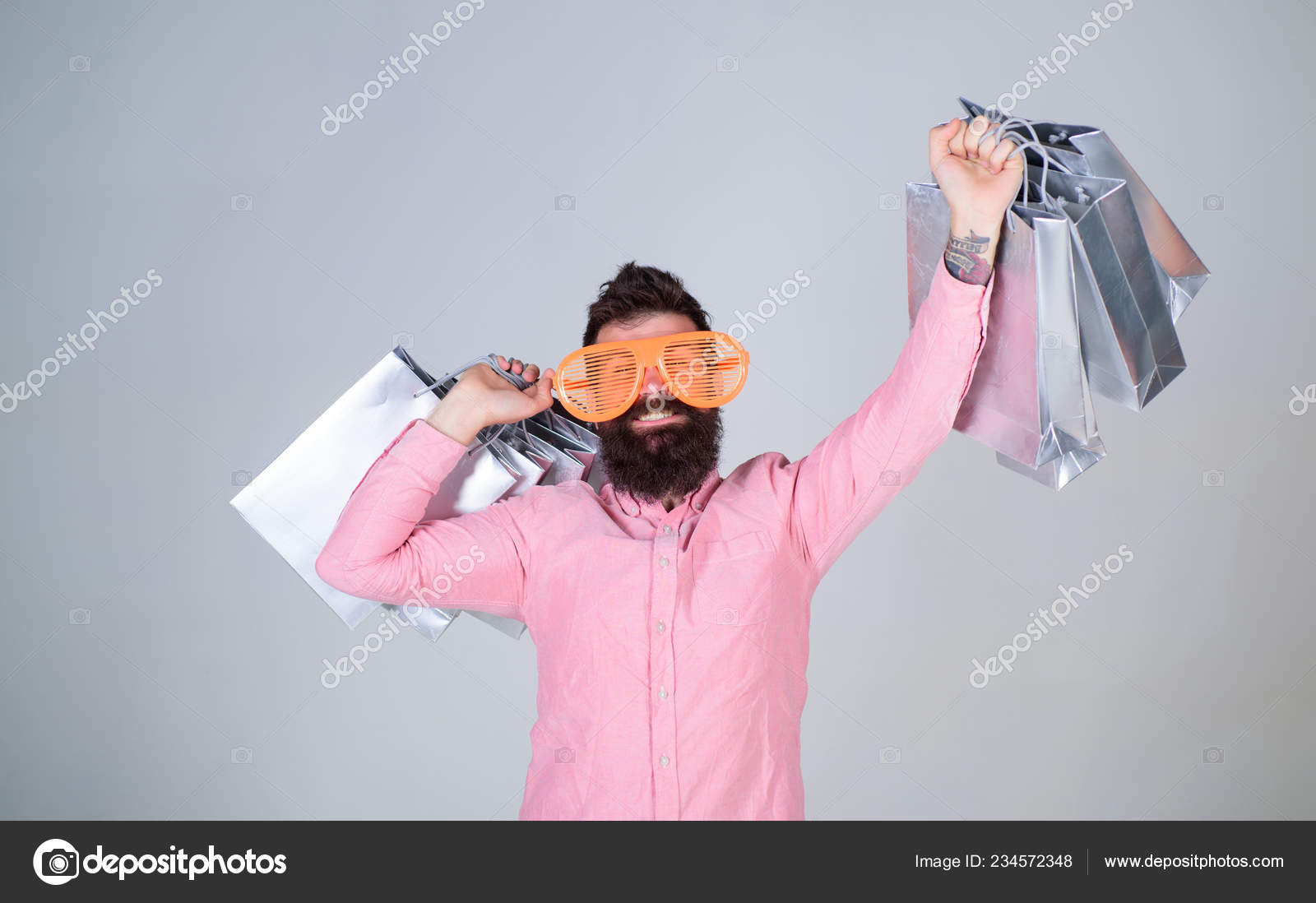 Addicted Consumer Concept Man Bearded Hold Shopping Bags Shopping