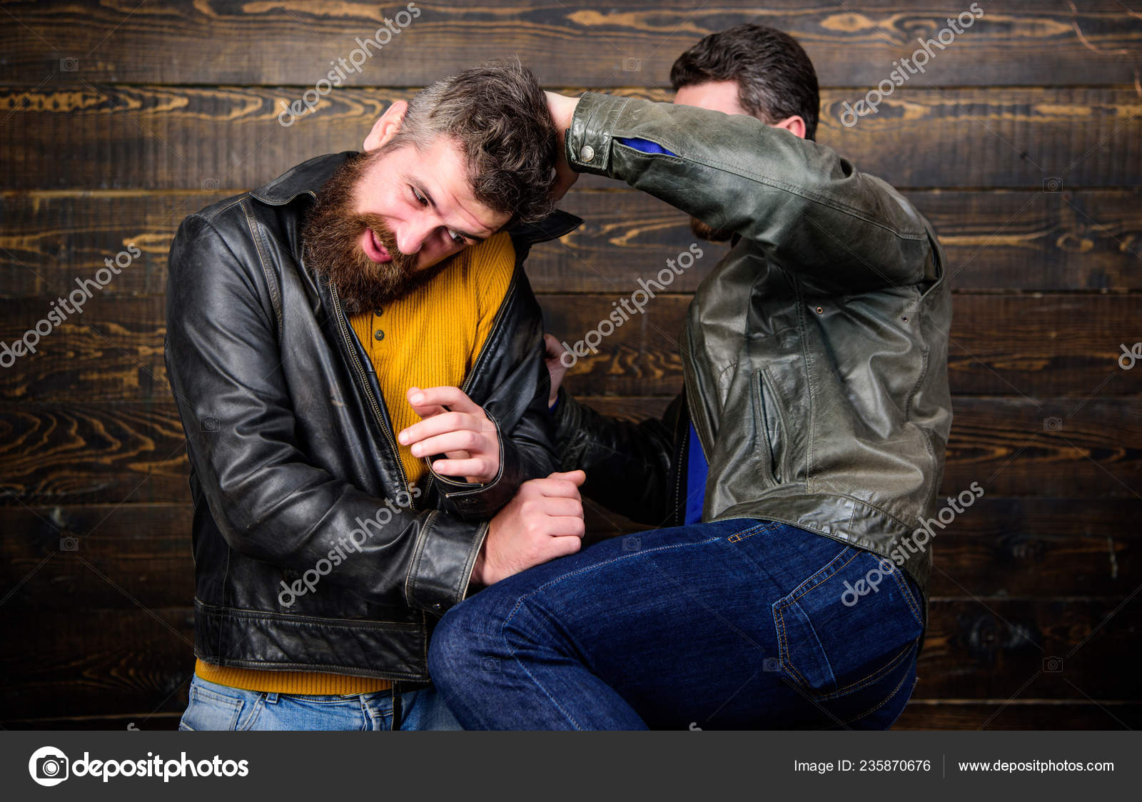 Physical attack. Men bearded hipster fighting. Attack and defence ...
