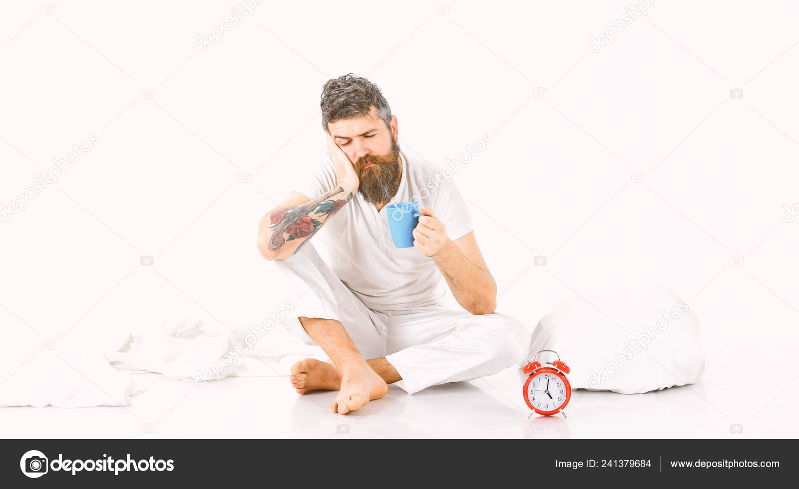 Man needs to get up early in morning, white background. — Stock Photo ...