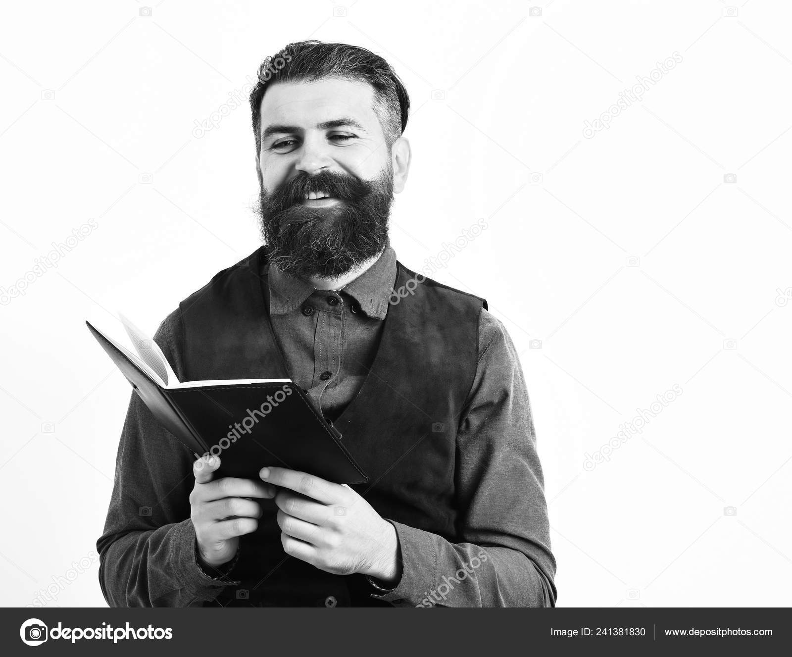 Bearded man holding notepad with happy face — Stock Photo © stetsik ...