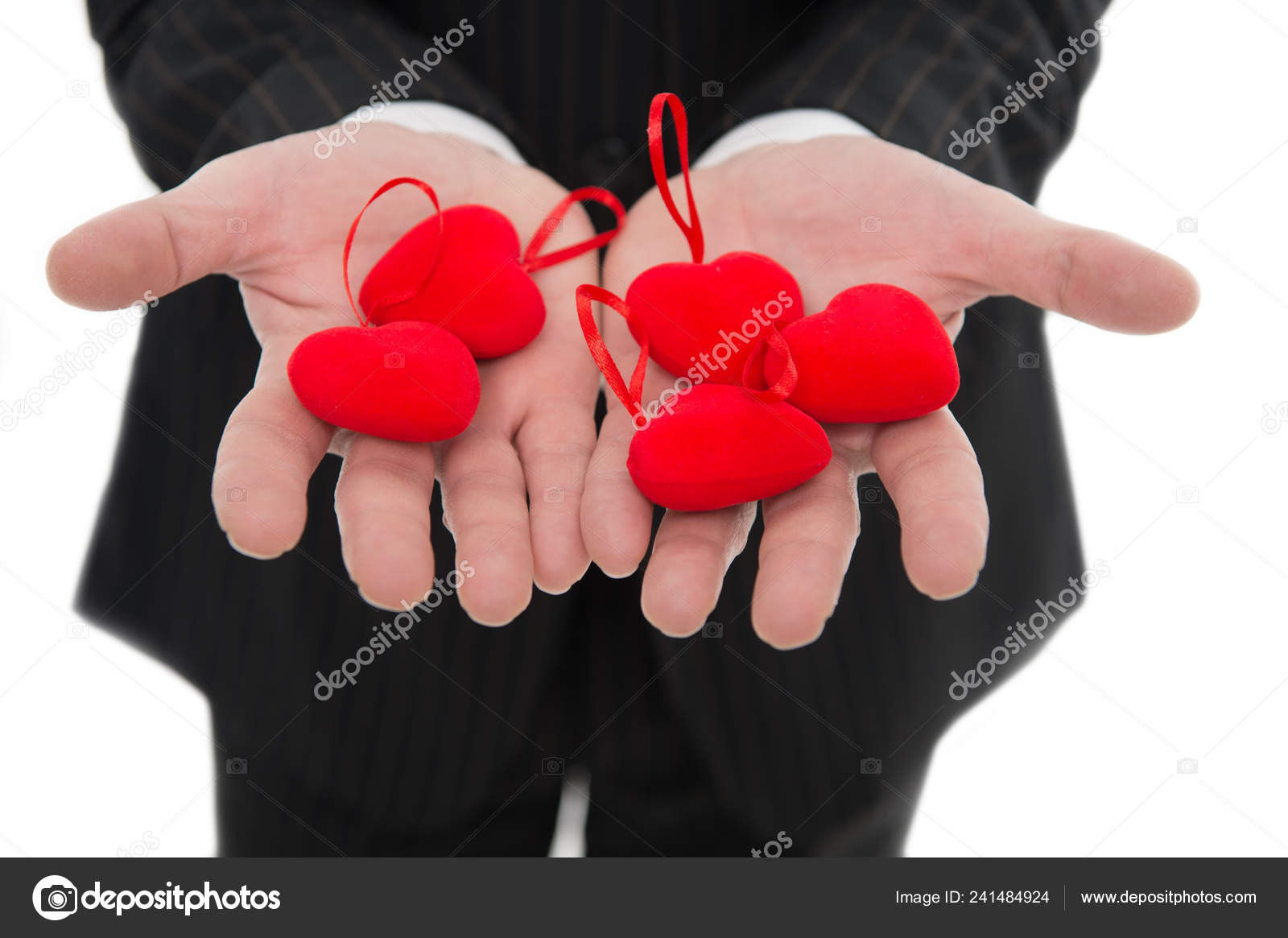 Take my love. Hands holding red hearts. Male open palms with love ...