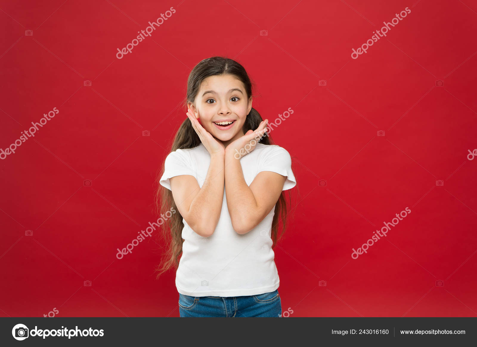 Little girl excited smiling face. Kid happy cute face feels excited red ...