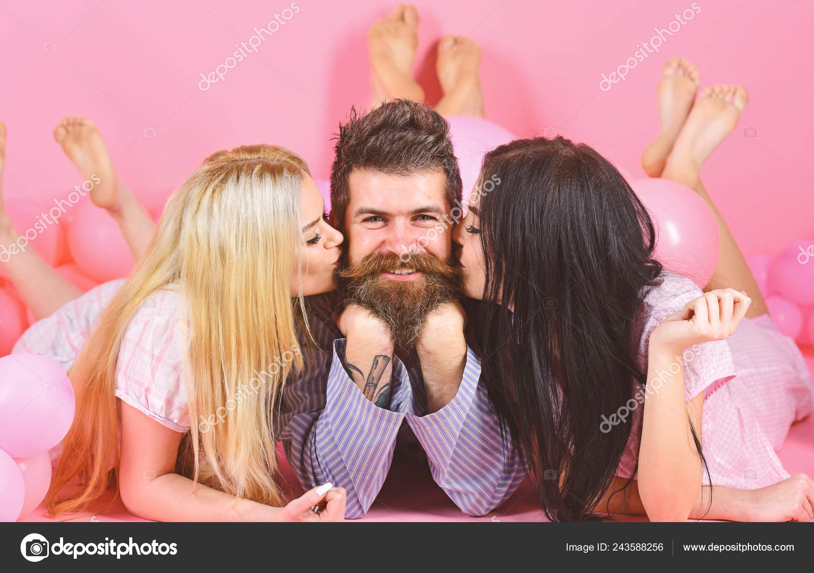 Alpha Male Concept Threesome Lay Near Balloons Happy Guy On Smiling