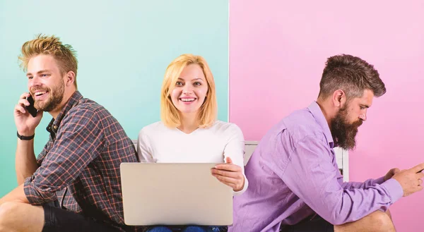 Company friends with mobile gadgets laptop. Modern society can not ...