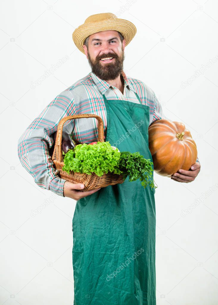 Traer verduras. hombre chef con rica cosecha de otoño. agricultor ...