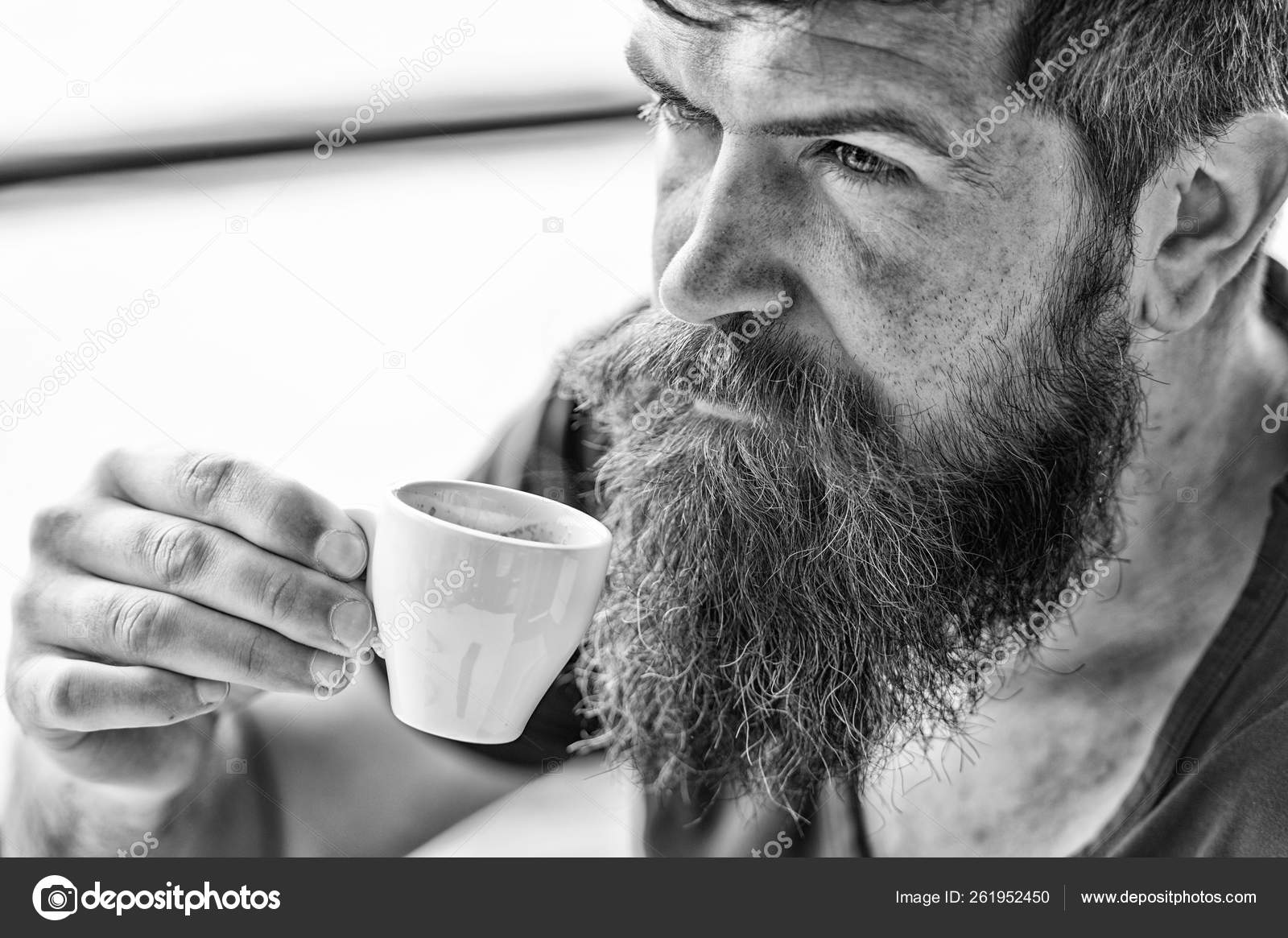 Man With Beard And Mustache And Cup Of Coffee Bearded Guy Relaxing At