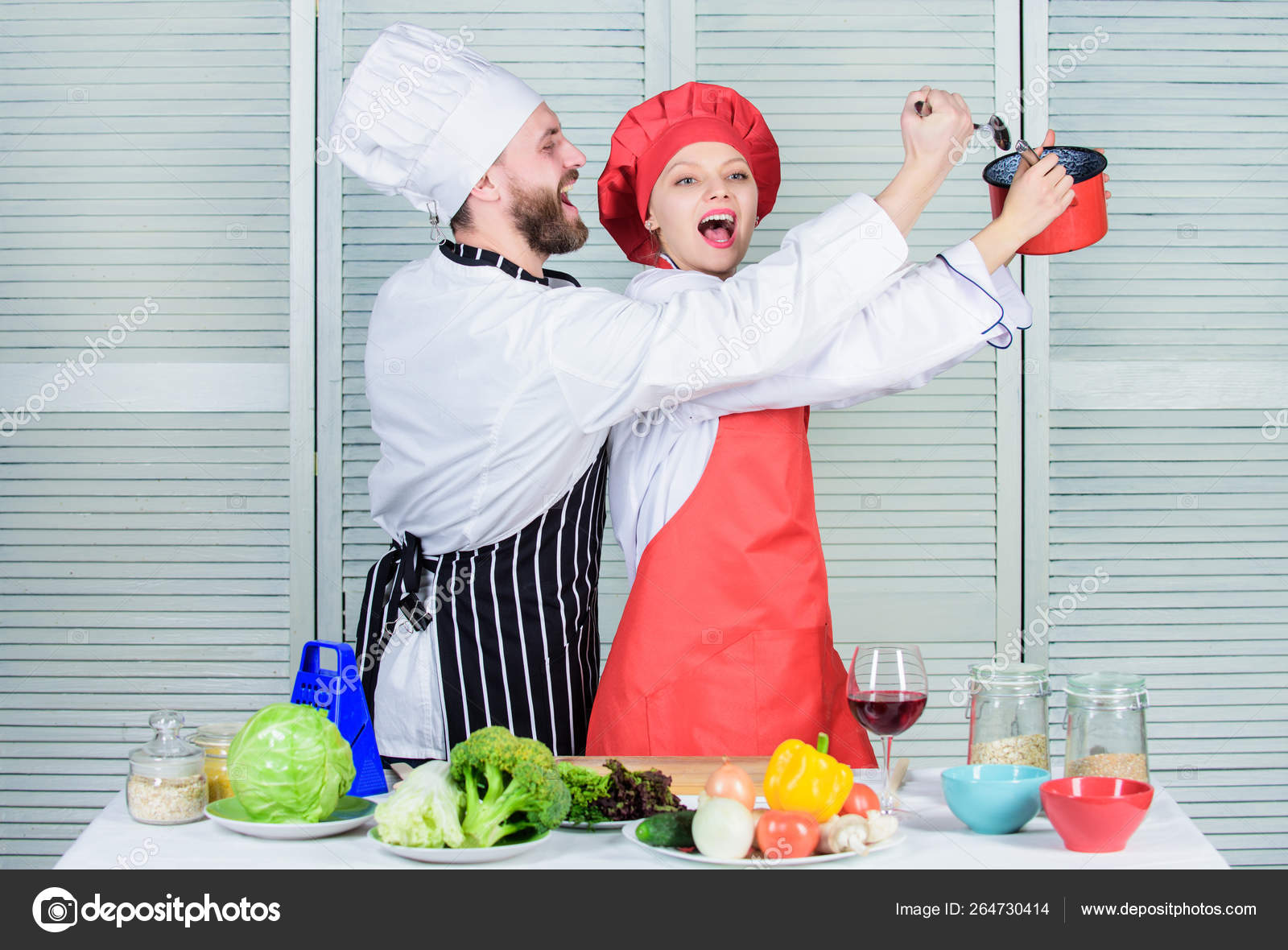 Vegetarian. cook uniform. man and woman chef in restaurant. Family ...