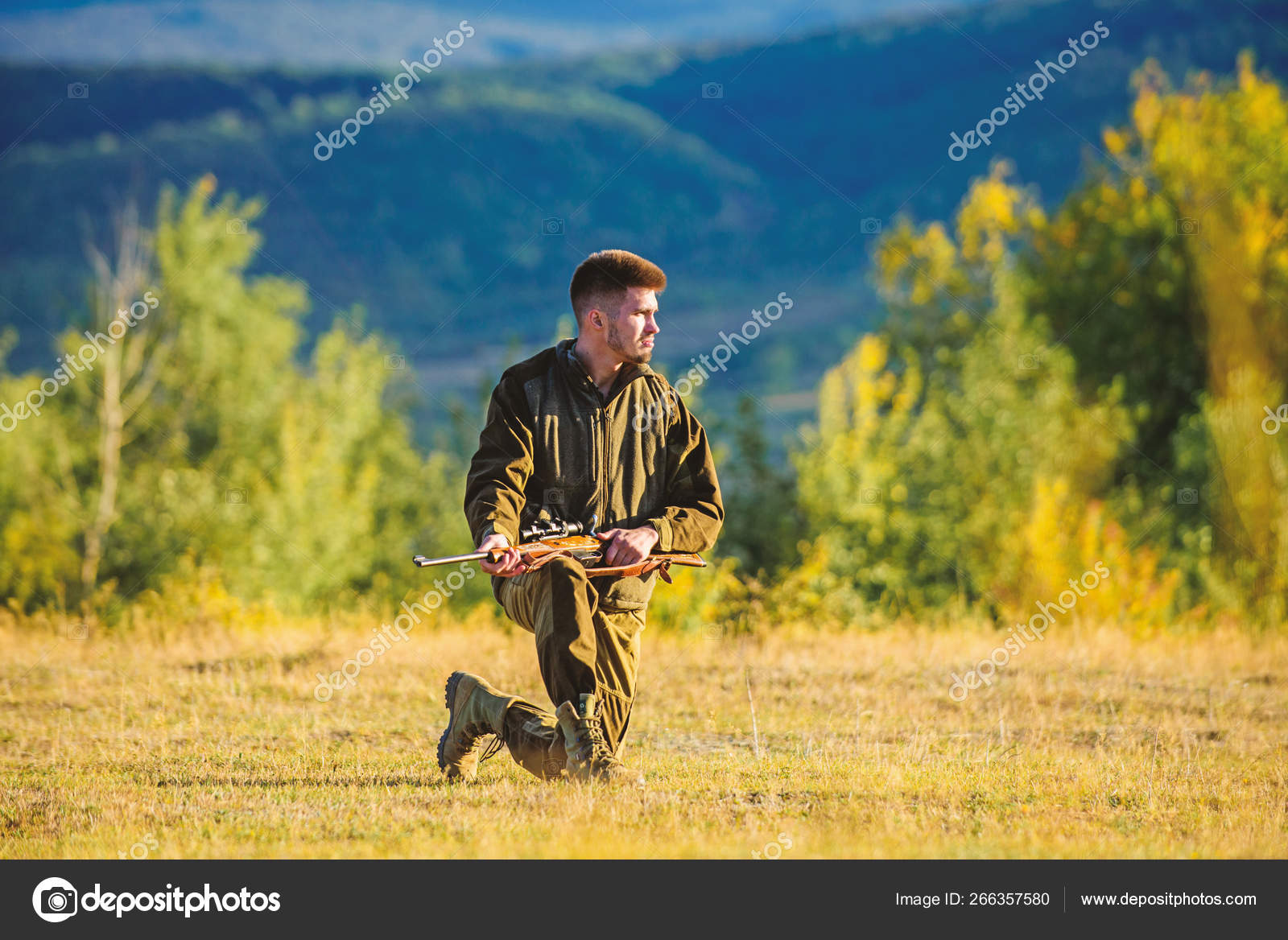 Man bearded hunter with rifle nature background. How turn hunting into ...