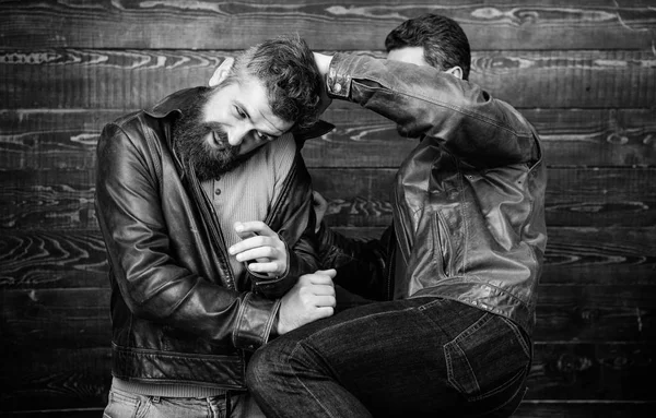 Physical attack. Men bearded hipster fighting. Attack and defence. Aggressive hooligan fighting ...