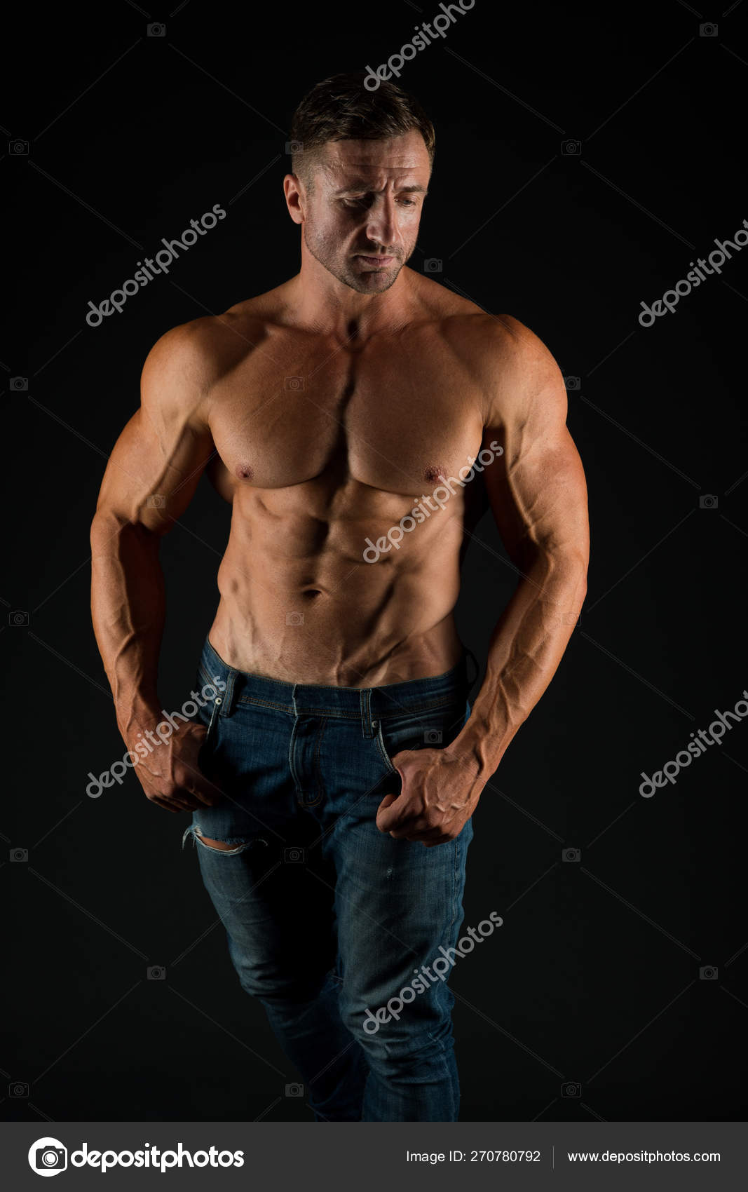 Macho handsome with muscular torso. Attractive guy muscular body. Proud ...