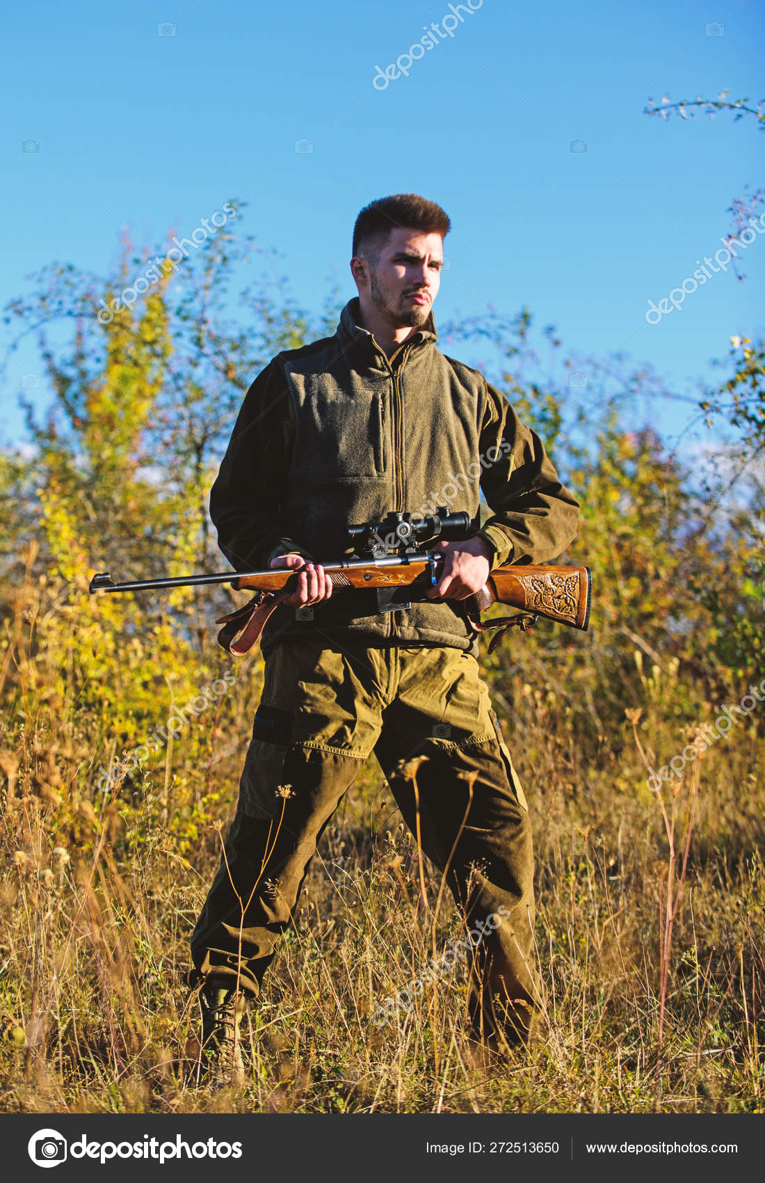 Man bearded hunter rifle nature background. Hunting hobby concept ...