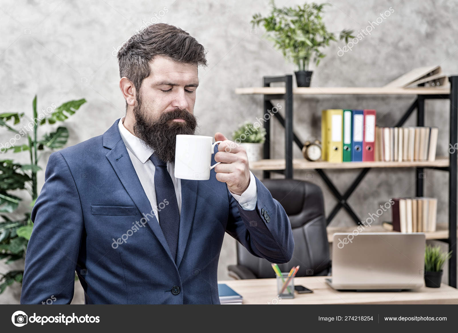 Drinking coffee relaxing break. Boss enjoying energy drink. Start day ...