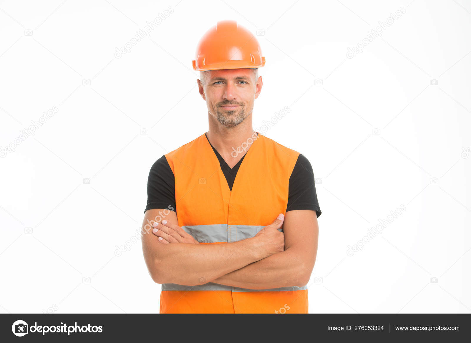 Safety is main point. Man protective hard hat and uniform white ...