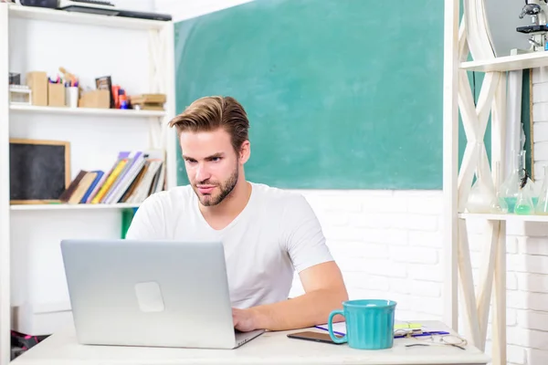 Youth demand modern knowledge. High school university. Man use modern ...