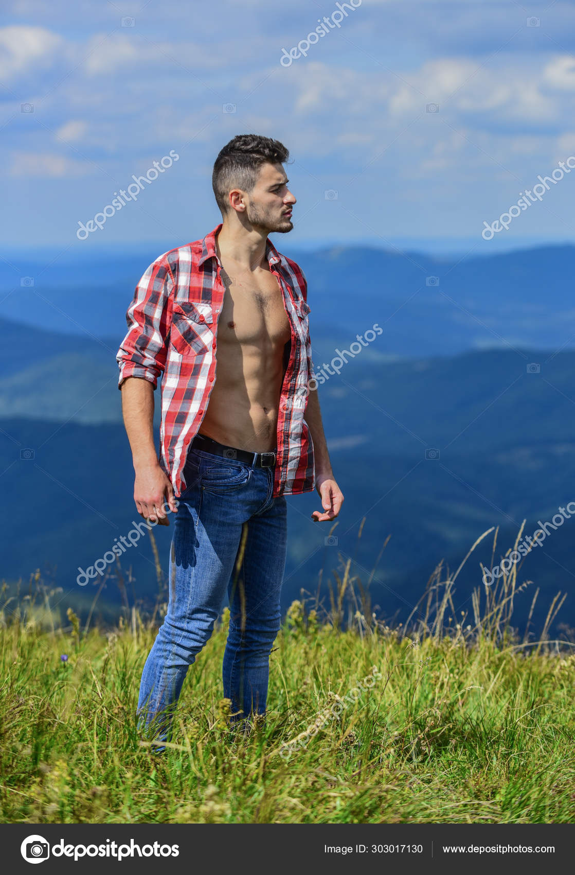 Hiking concept. Strong hiker muscular torso. Athlete muscular guy relax ...
