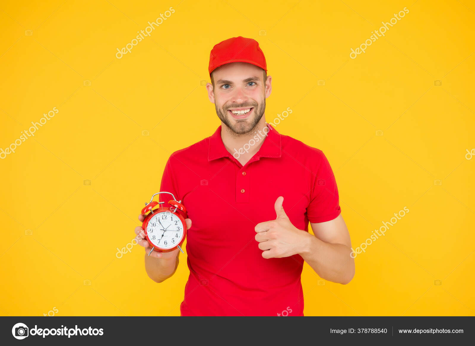 Promptness and punctuality. Delivery time. Delivery courier with clock ...