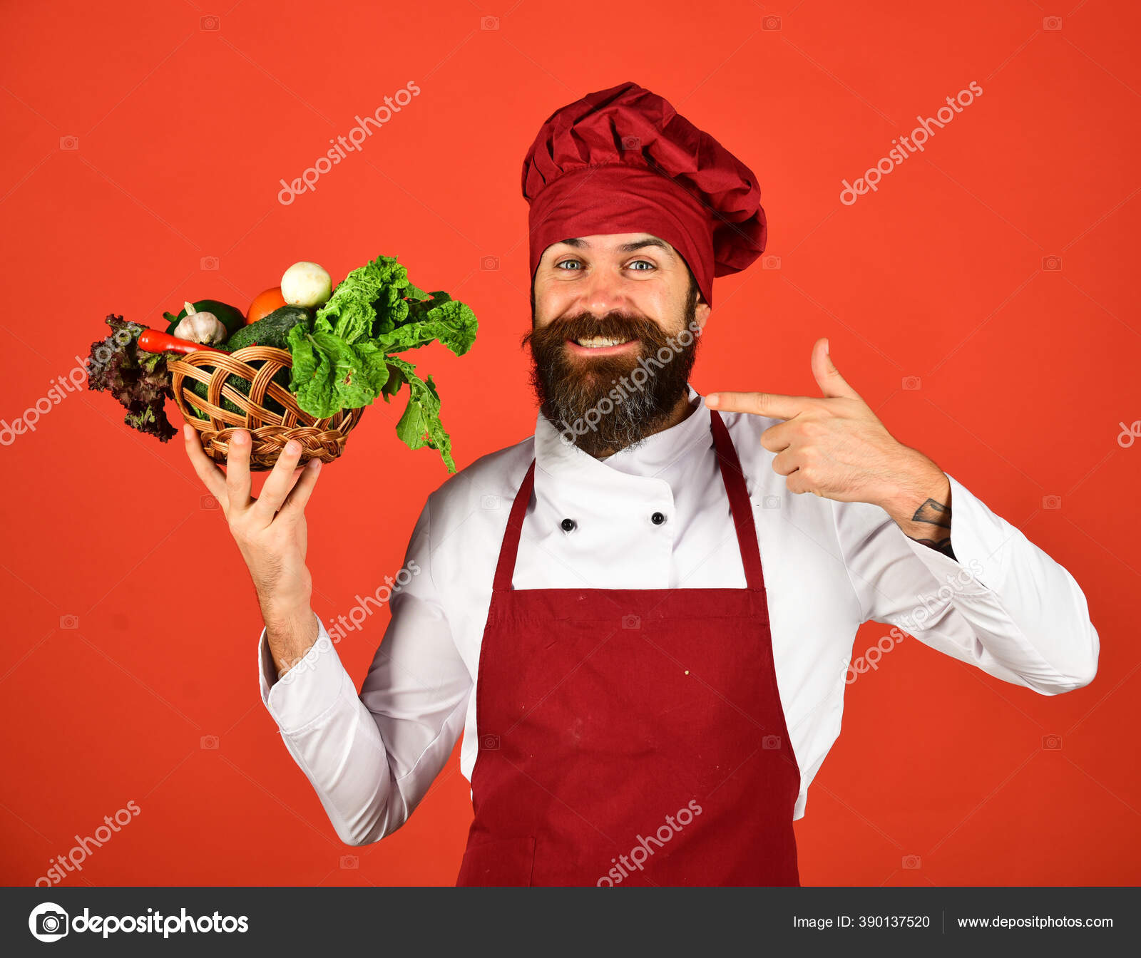 Chef points at lettuce, tomato, pepper and mushrooms — Stock Photo ...