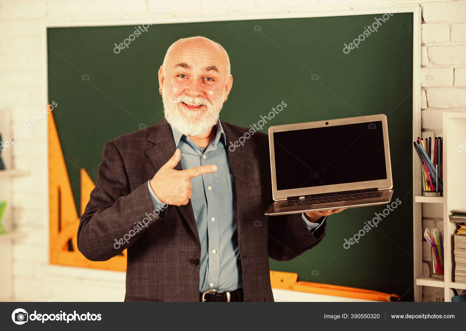 Growing role distance learning. Senior intelligent man teacher use ...