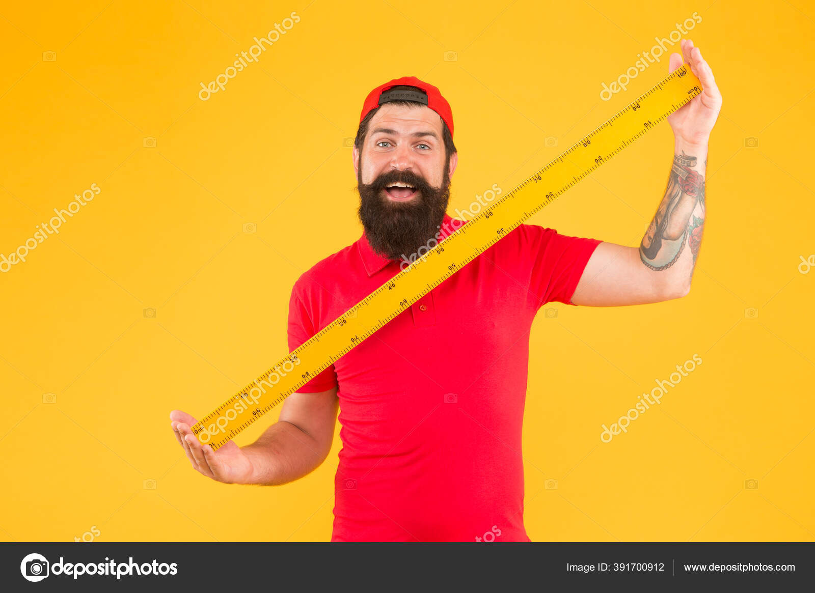 Post office worker with ruler. Big size. Measuring tool. Man holding ...