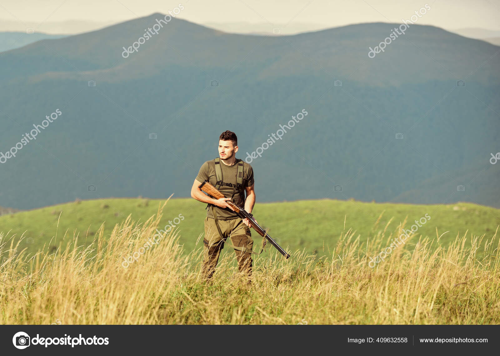 Soldier in the field. polygon. army forces. sniper reach target ...
