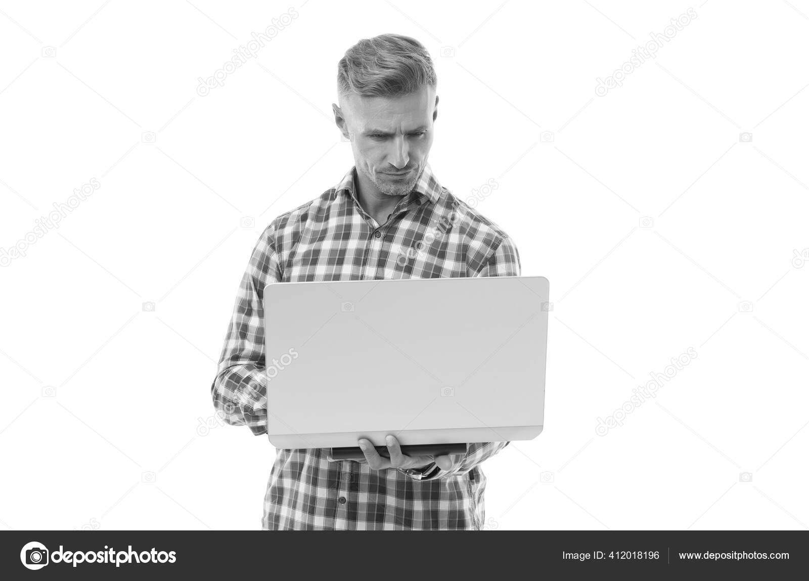Freelance programmer. Computer user isolated on white. Handsome man use ...