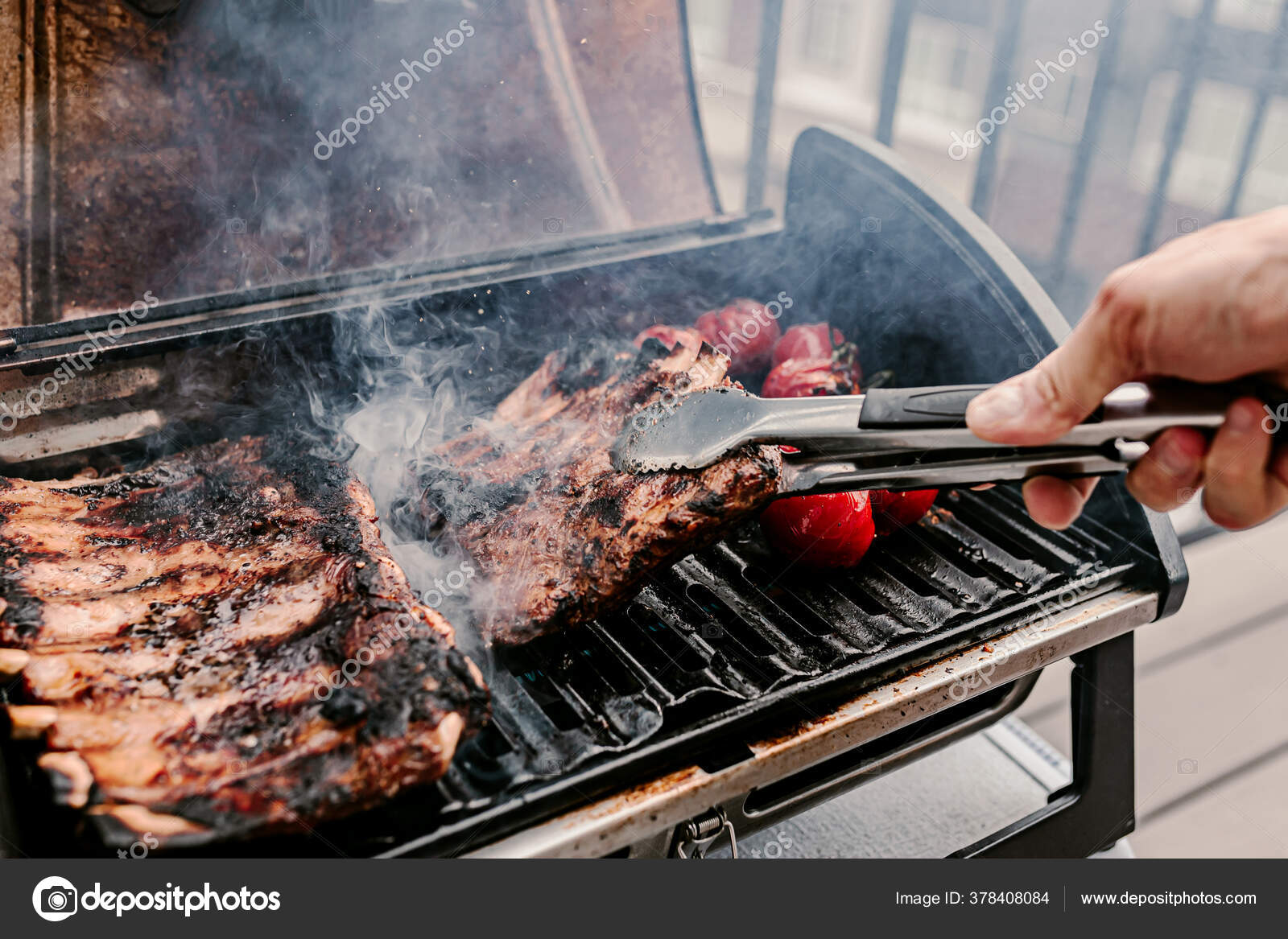 American Style Barbeque Dinner Gas Grill Making Smoked Food Balcony ...