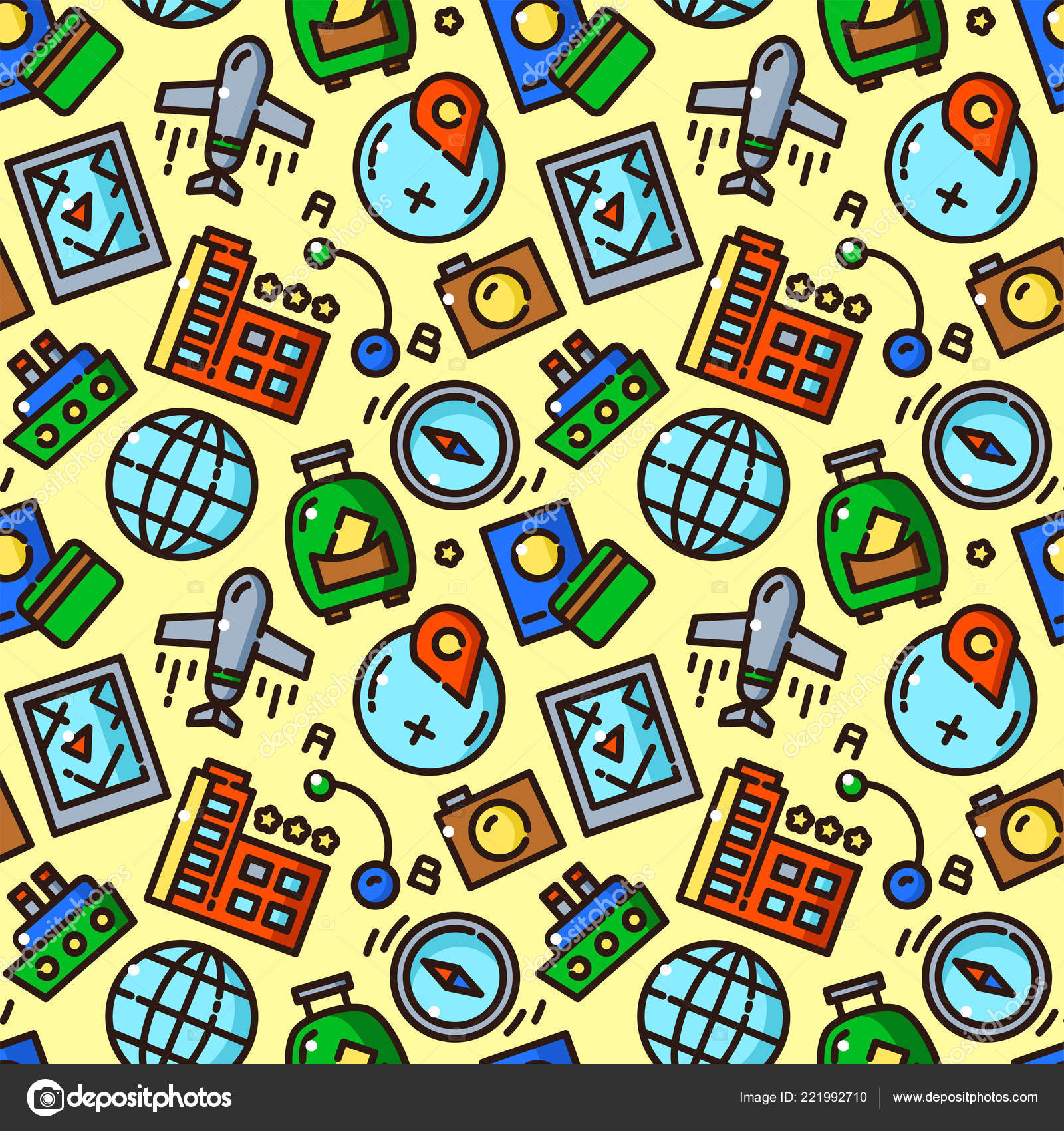 Travel Seamless Pattern Objects Line Style Trasportation Vector ...