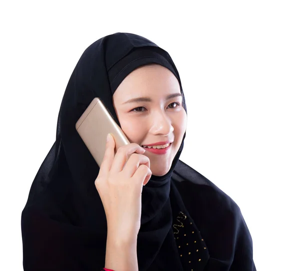 Hijabi girl portrait with solid white background as customer service ...