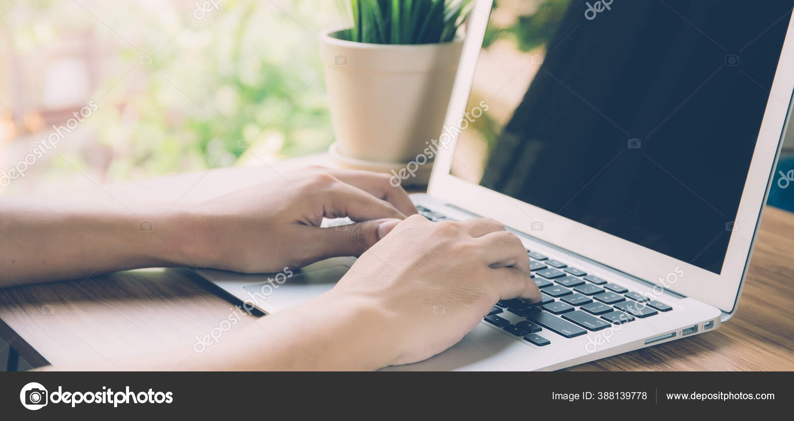 Hand Man Working Laptop Computer Blank Screen Work Home Social Stock ...