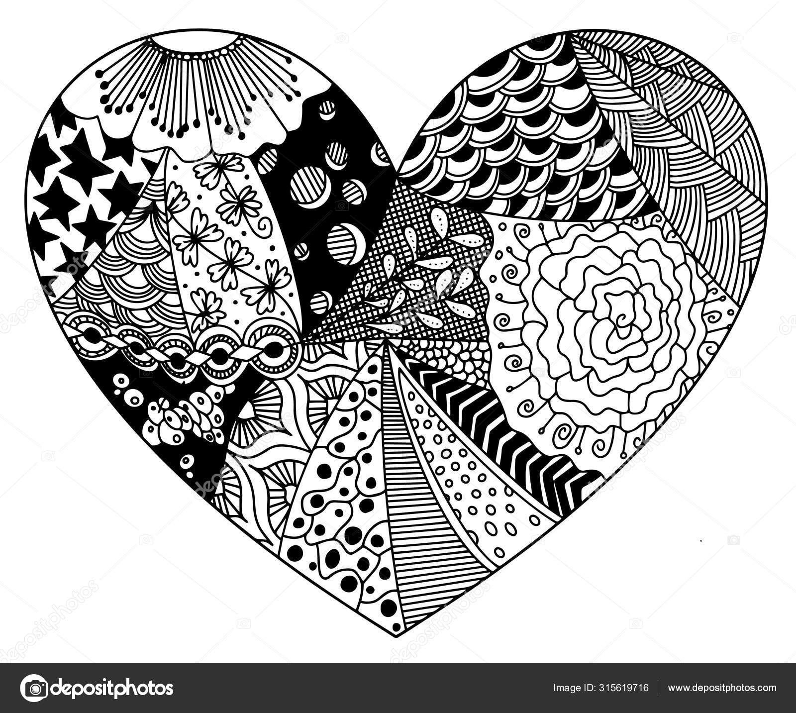 Vector Coloring Zentangle Patterns Form Heart Application Printed ...