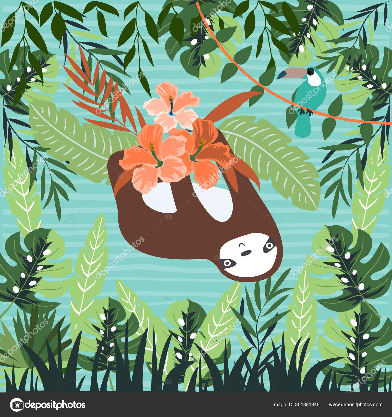 Cute Baby Hanging Sloth Leaves Adorable Animal Illustration Summer ...