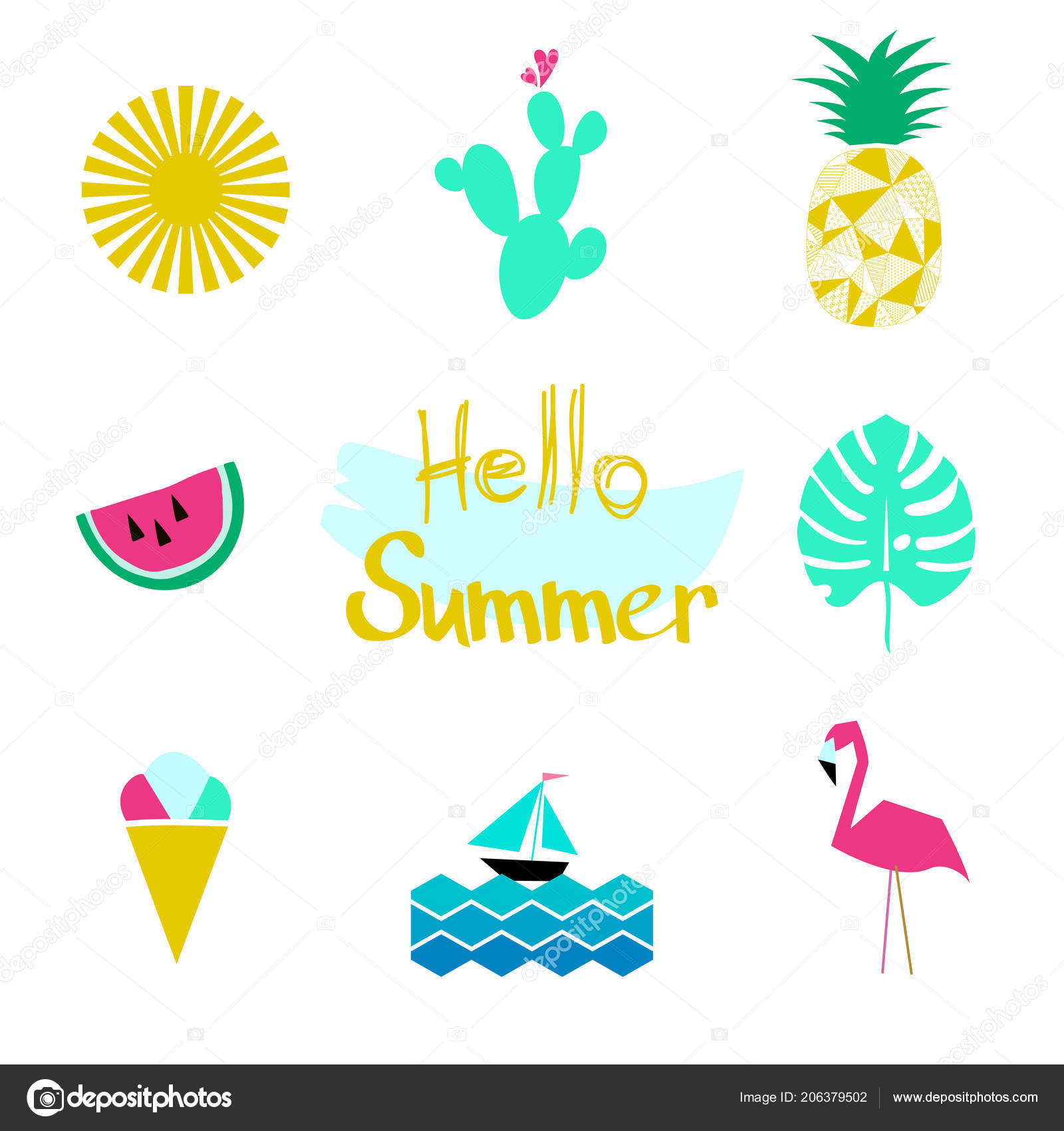 Hello Summer Icon Set Hand Drawn Decoration Elements Summertime Season ...