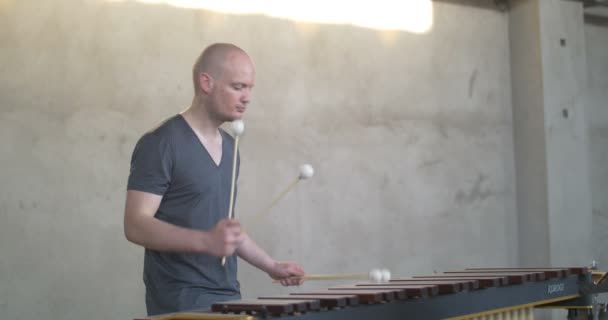 Head Body Man Playing Marimba Grey Outfit Grey Industrial Background ...